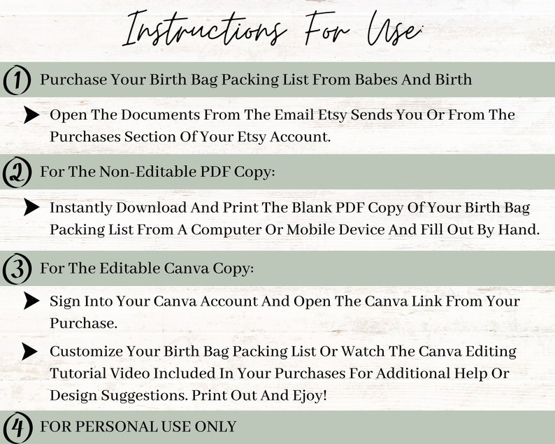Birth Bag Packing List Printable Green Hospital Bag - Etsy