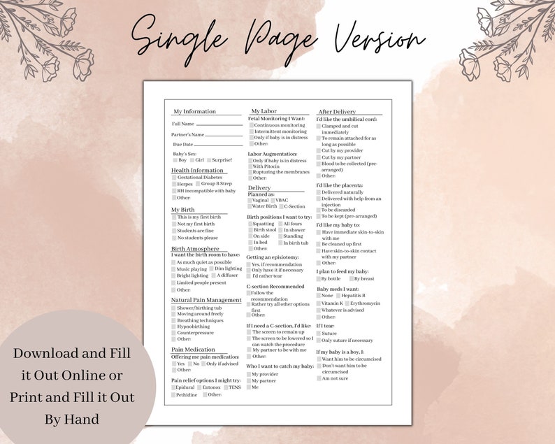 Birth Plan Template Editable Minimalist Natural Birth Plan - Etsy