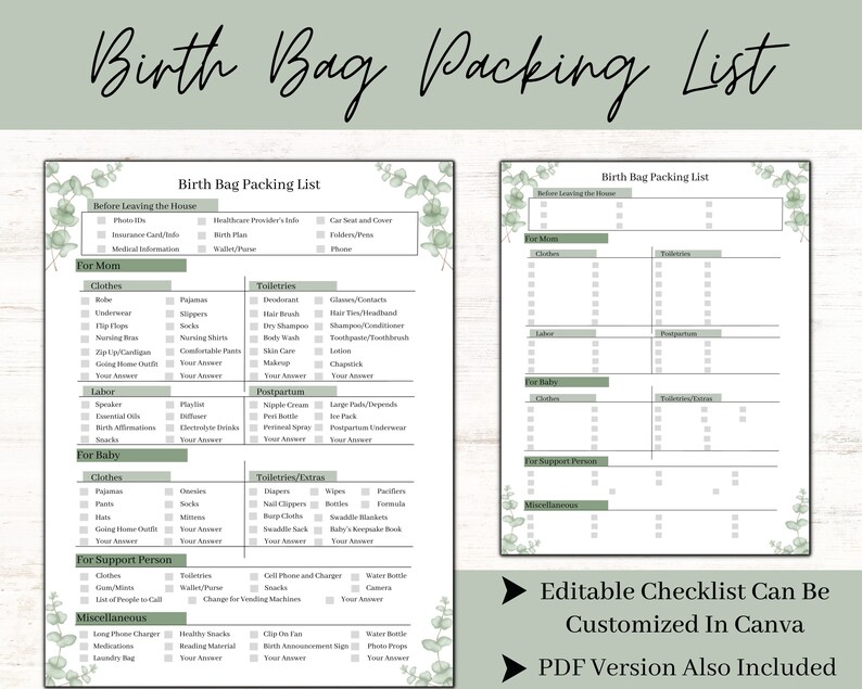 Birth Bag Packing List Printable Green Hospital Bag - Etsy
