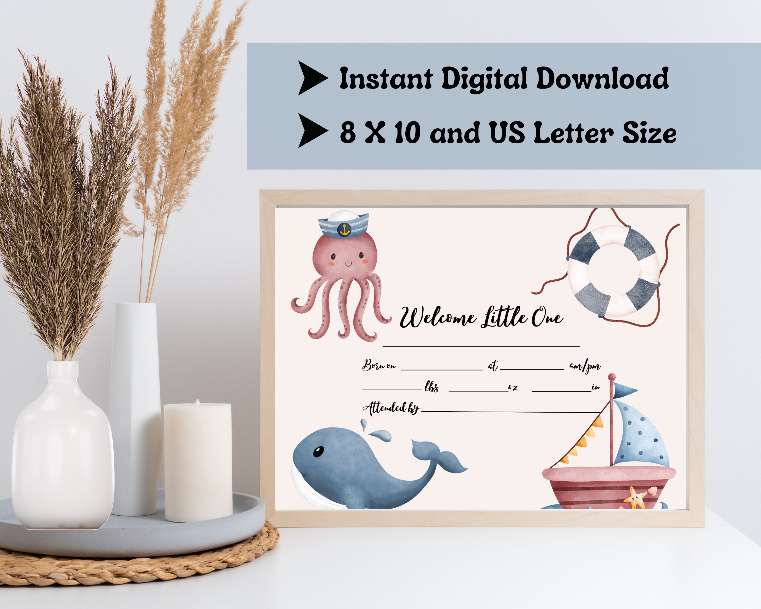 Baby Birth Certificate Printable, Birth Stats Sign, Baby Footprint Art ...