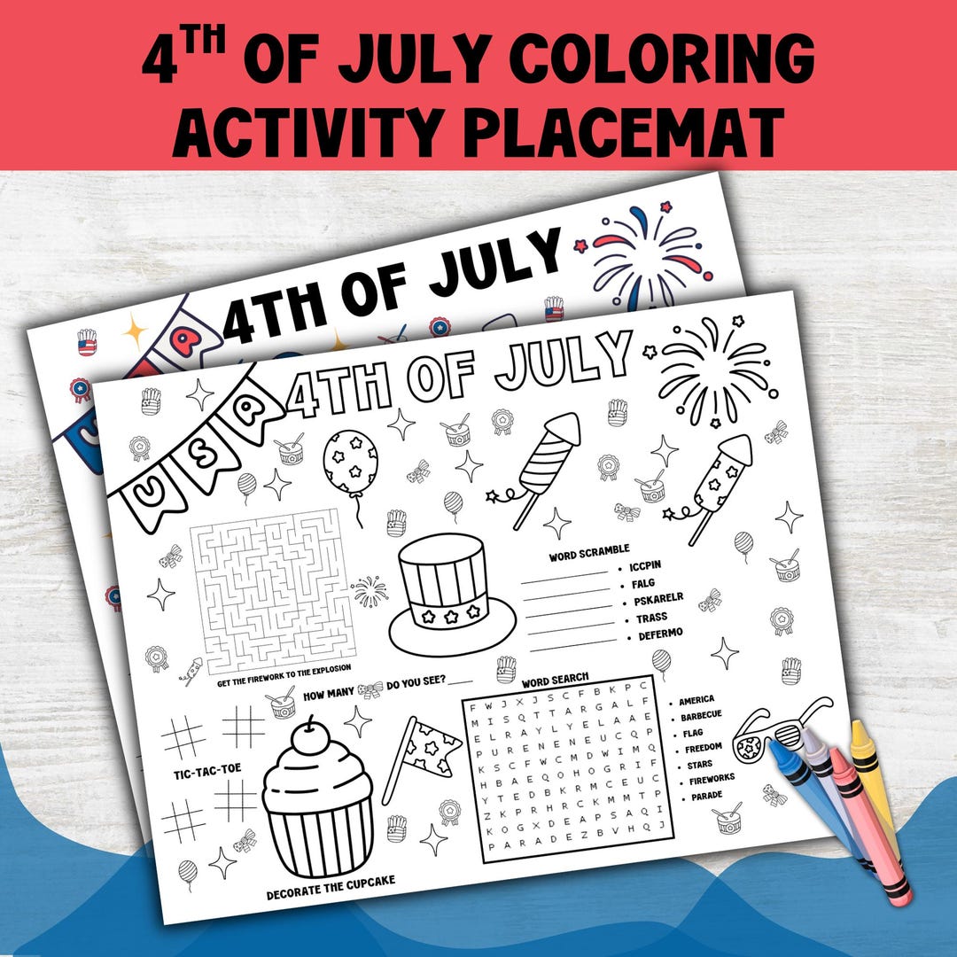 4th of July Activity Placemat, Printable Coloring Placemat for Kids ...
