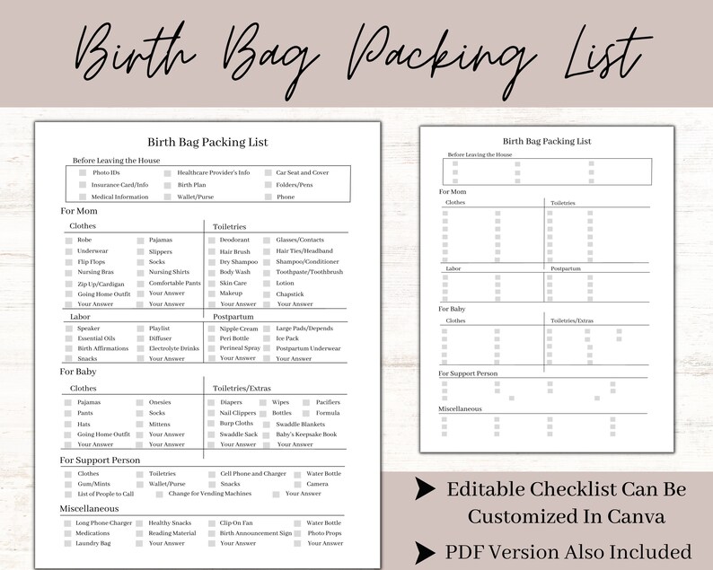 Birth Bag Packing List Printable Purple Hospital Bag - Etsy