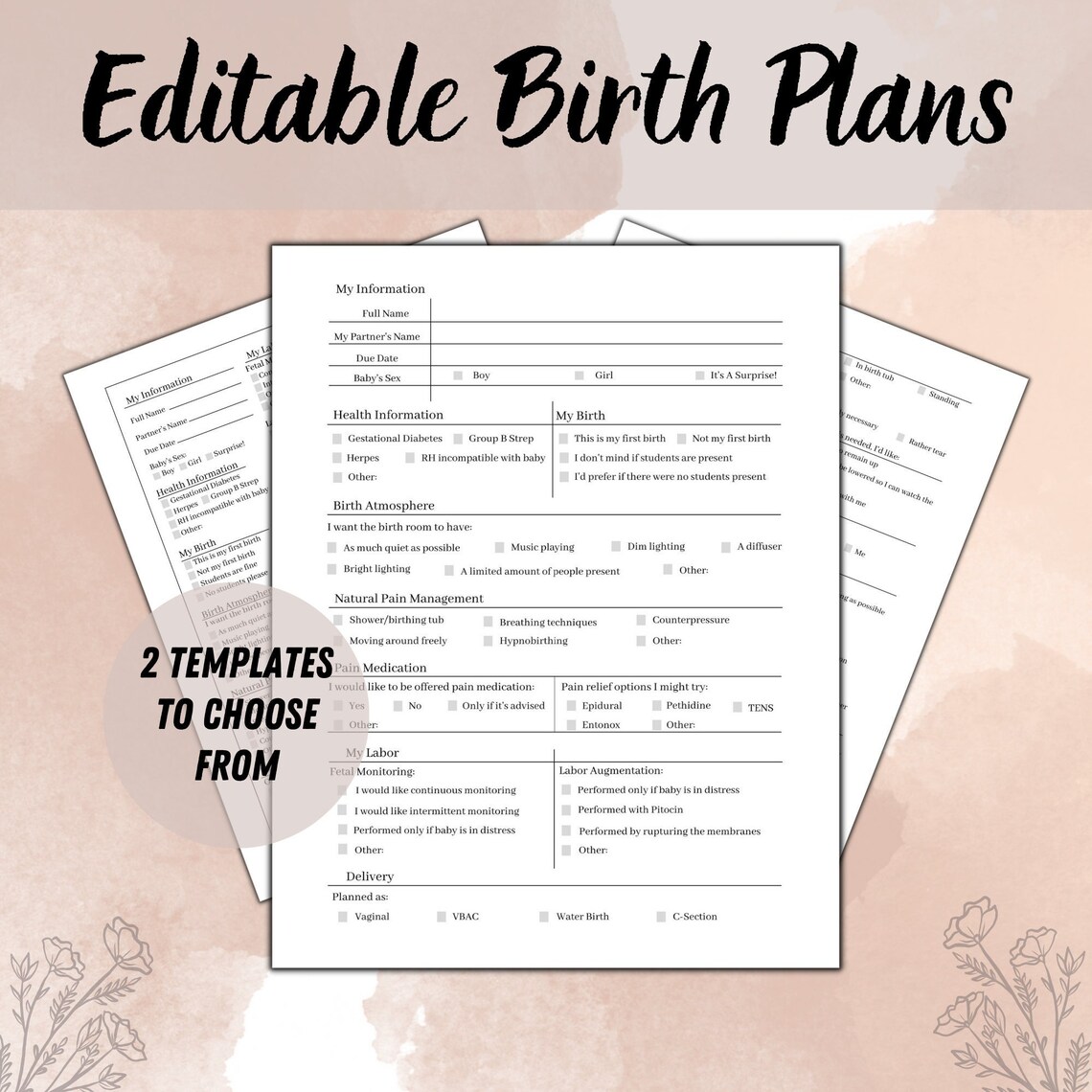 Birth Plan Template Editable Minimalist, Natural Birth Plan, Hospital ...