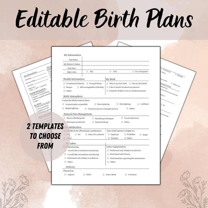 Birth Plan Template Editable Minimalist, Natural Birth Plan, Hospital ...
