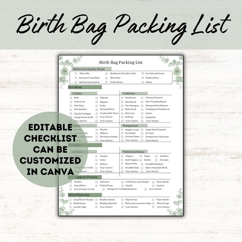 Birth Bag Packing List Printable Green, Hospital Bag Checklist, New ...