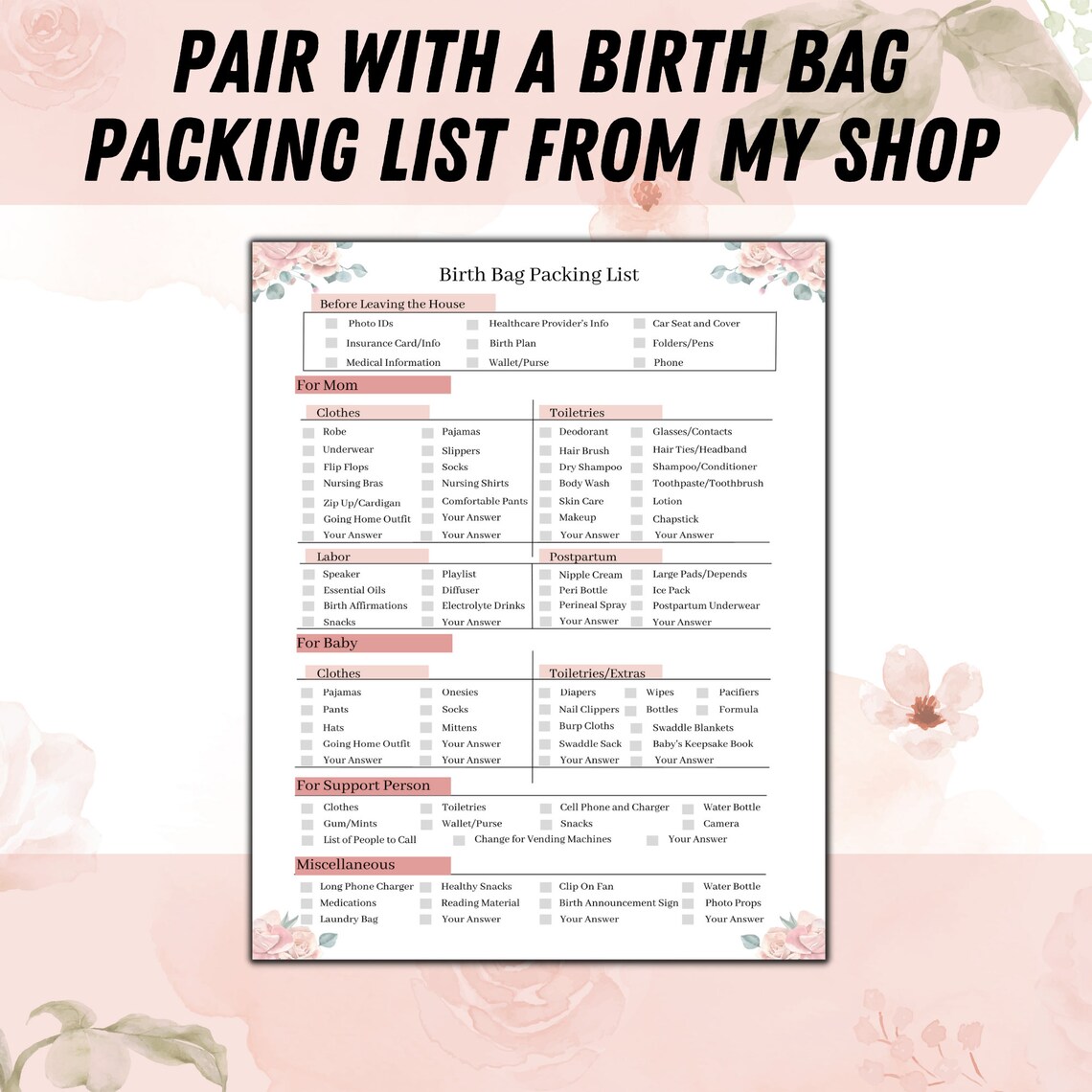 Birth Plan Template Printable Floral, Natural Birth Plan, Hospital ...