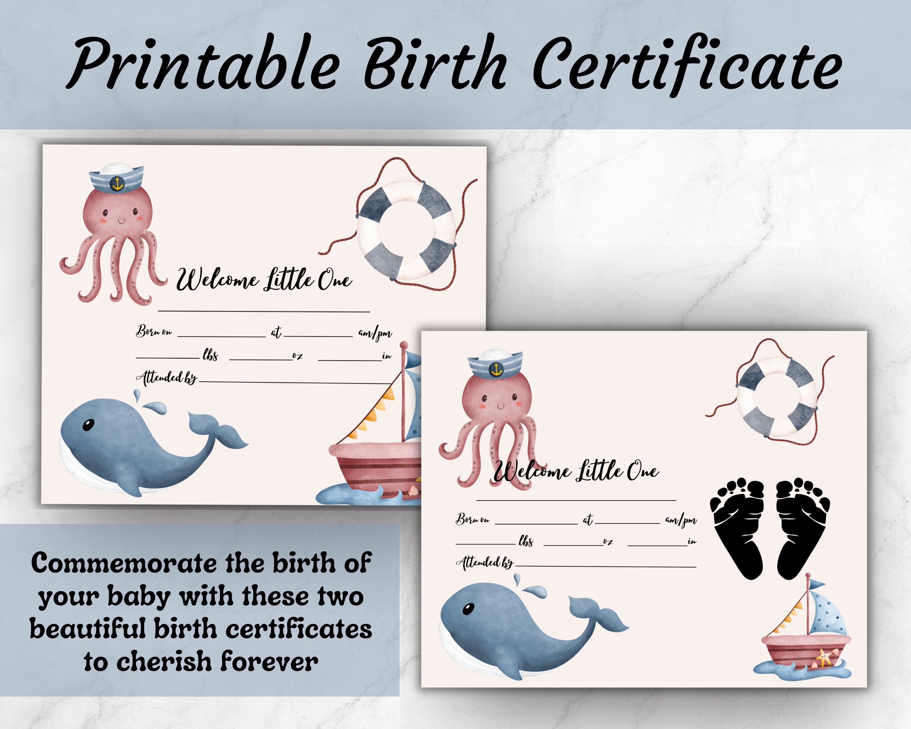 Baby Birth Certificate Printable, Birth Stats Sign, Baby Footprint Art ...