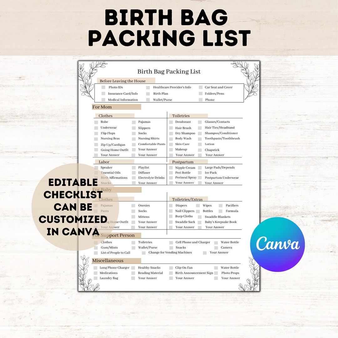Birth Bag Packing List Printable Hospital Bag Checklist - Etsy