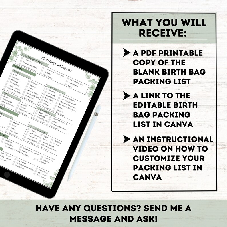 Birth Bag Packing List Printable Green, Hospital Bag Checklist, New ...