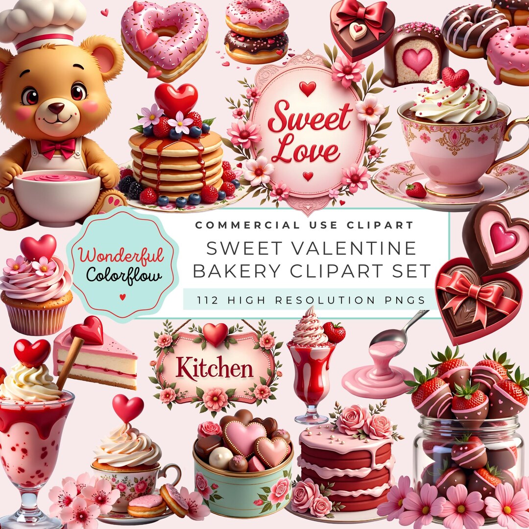 Sweet Valentine Bakery Clipart Set – Cute Valentine Desserts, Hearts ...