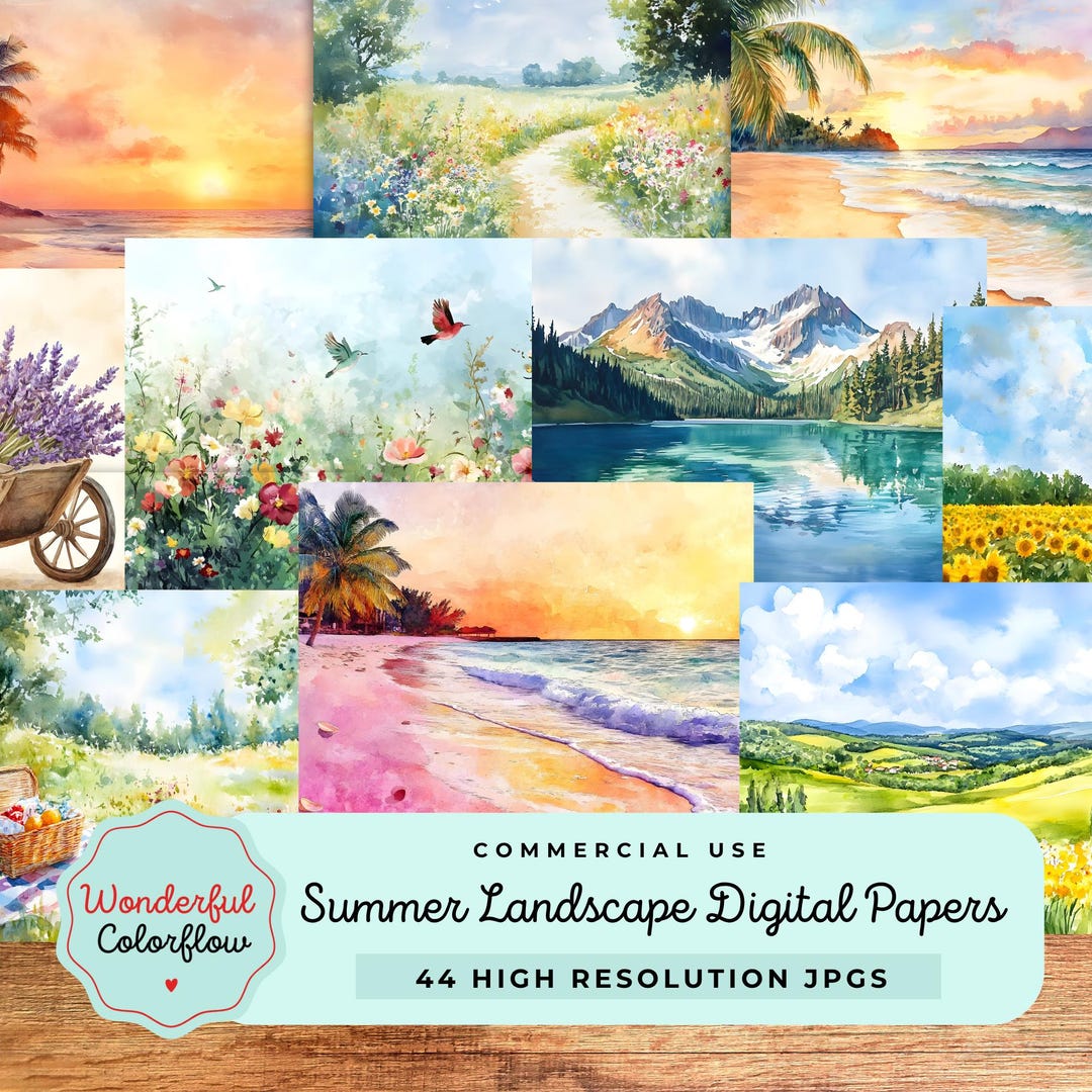 Summer Landscape Digital Papers – Watercolor Nature Scenes, Countryside ...