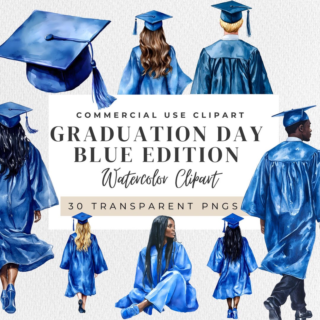 Graduation Day - Blue Edition Watercolor Clipart – Blue Gown Graduates ...