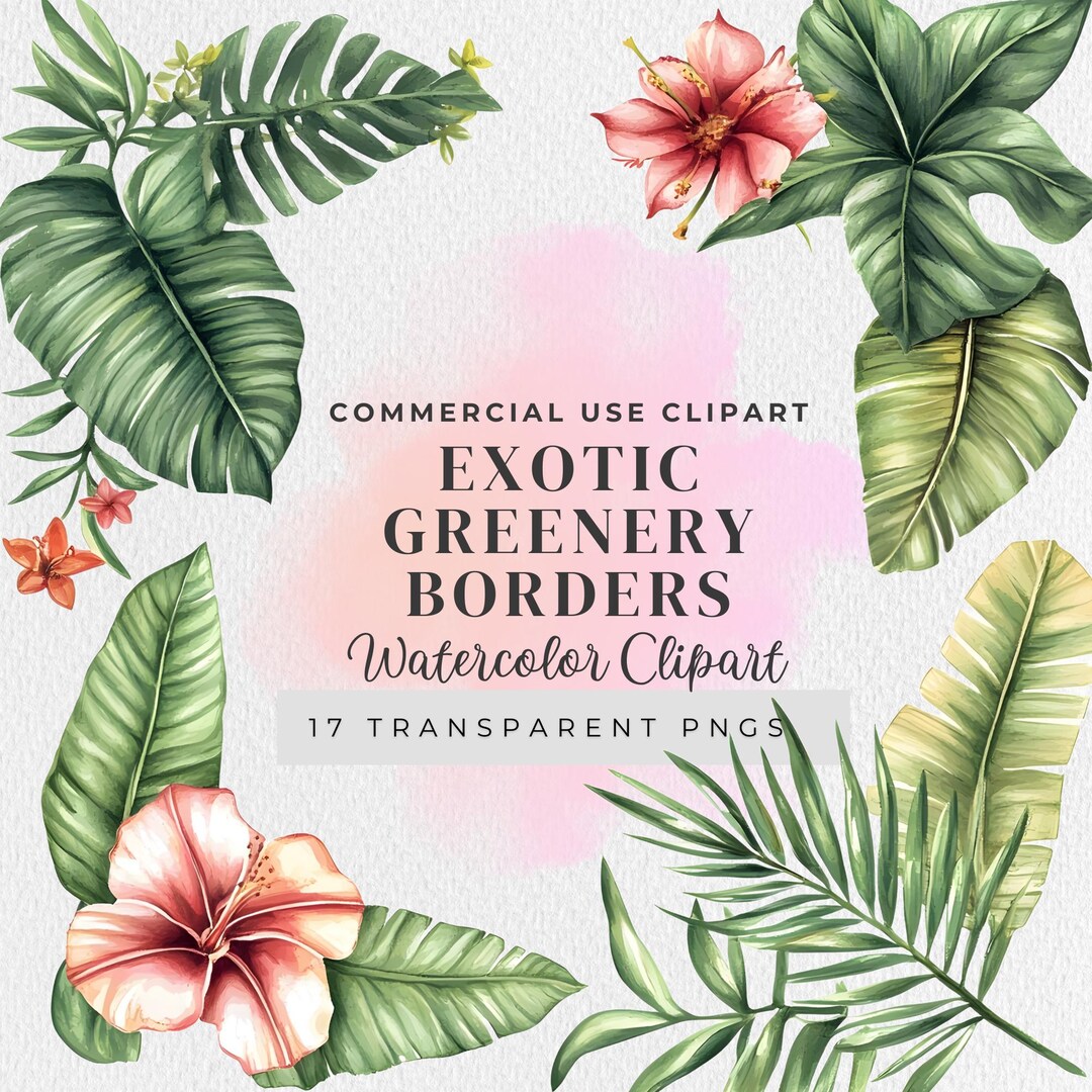 Exotic Greenery Borders: Watercolor Clipart, for Invitations, Greeting ...