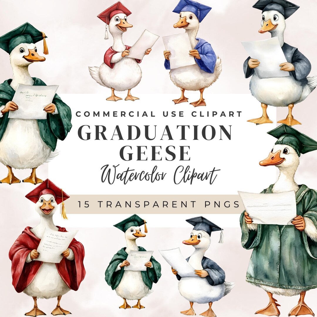 Graduation Geese Clipart – Watercolor Graduate Goose Pngs With Caps ...