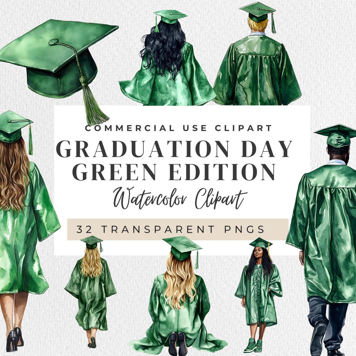 Graduation Day - Green Edition Watercolor Clipart – Green Gown ...