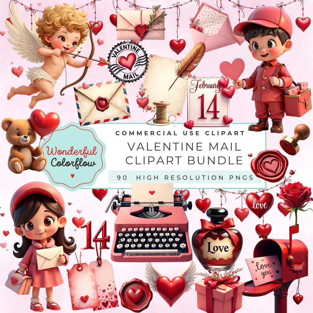 Valentine Mail Clipart Bundle, Cute Cupid & Love Stamps, Postal Hearts ...