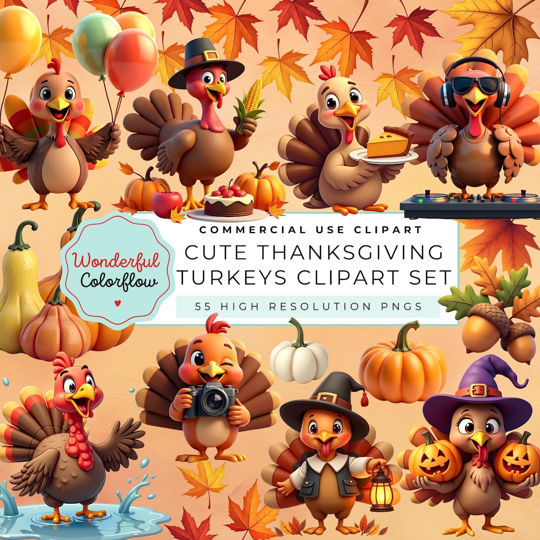 Cute Thanksgiving Turkeys Clipart Set, Cozy Fall Elements, Pumpkins ...