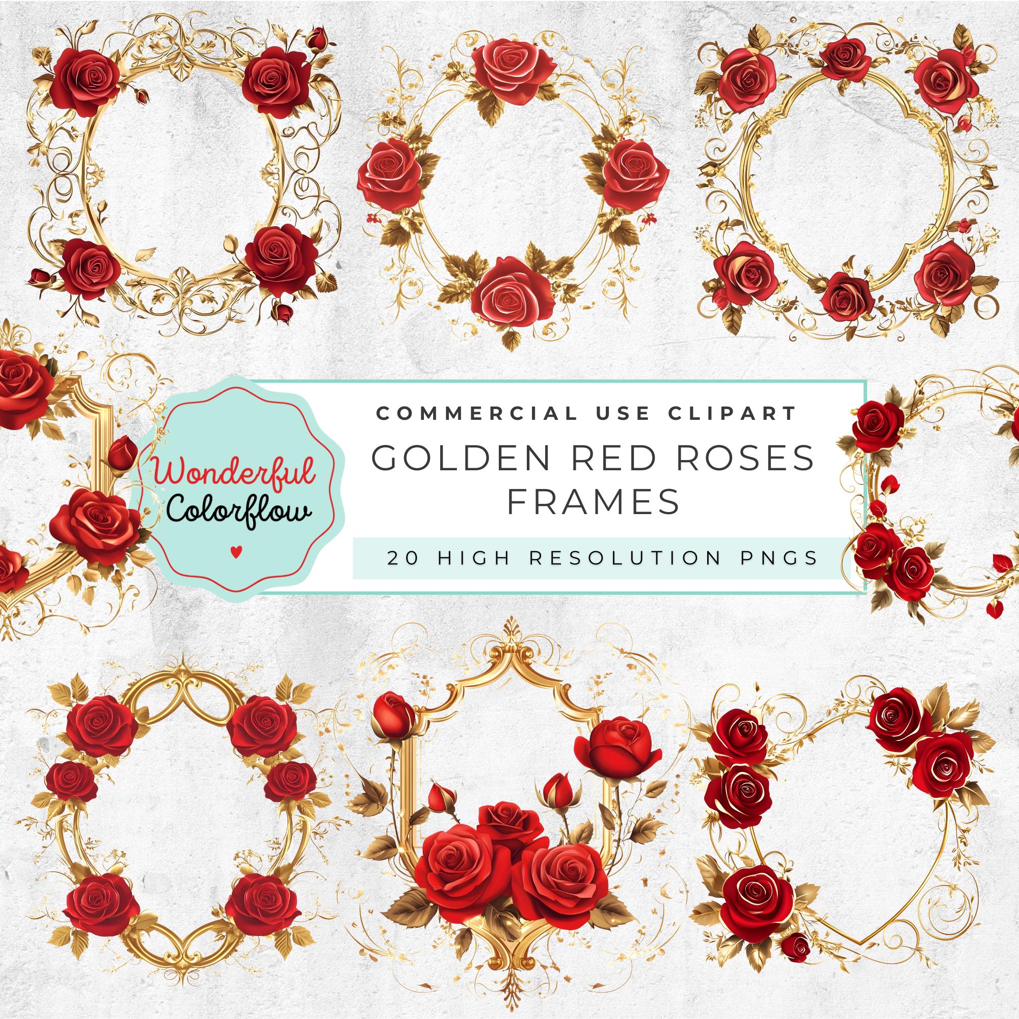 20 Golden Red Roses Frames Clipart PNG, Frame Clipart Bundle ...