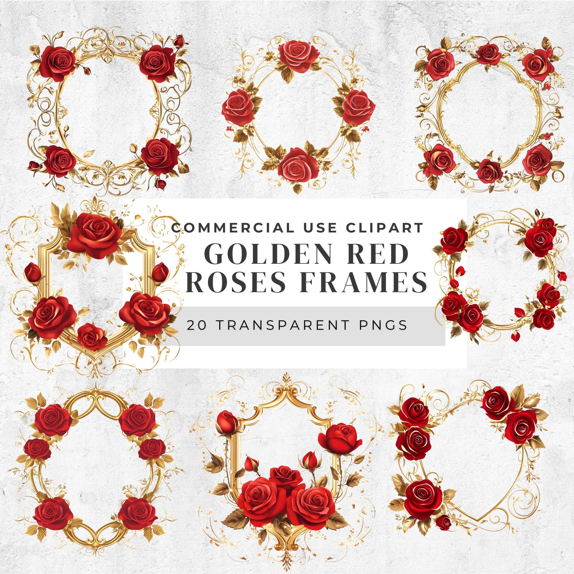 20 Golden Red Roses Frames Clipart PNG, Frame Clipart Bundle ...
