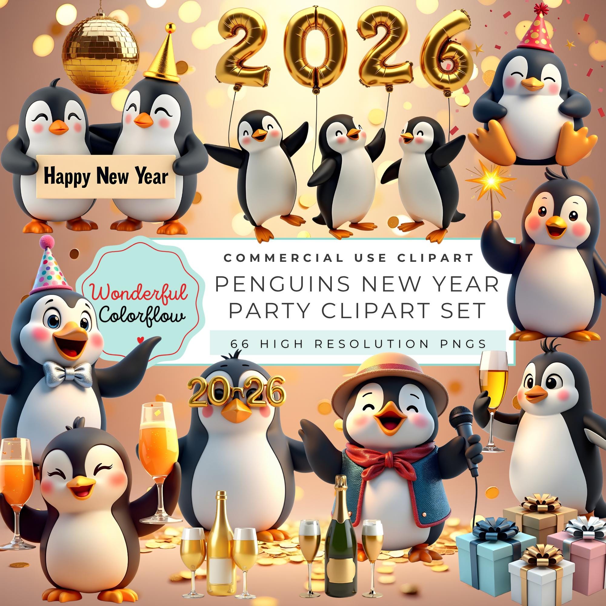 New Year Penguins Clipart, Cute Arctic Winter Party PNG, 2026 New Year ...