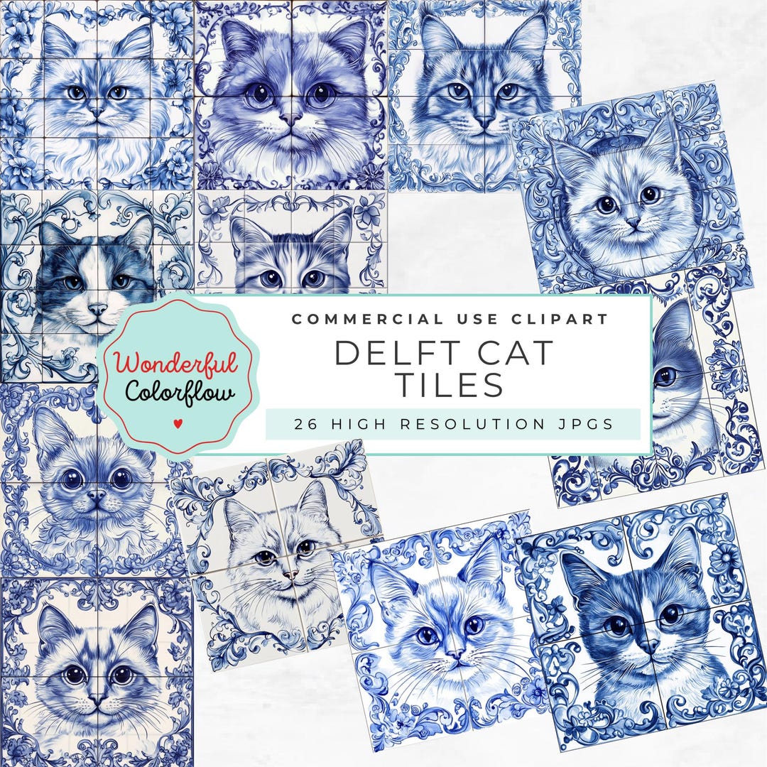 Delf Cat Tiles Clipart – Blue and White Delft Style, Traditional Dutch ...