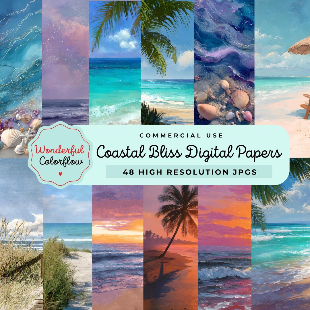 Coastal Bliss Beach Digital Papers, Ocean Backgrounds, Tropical ...