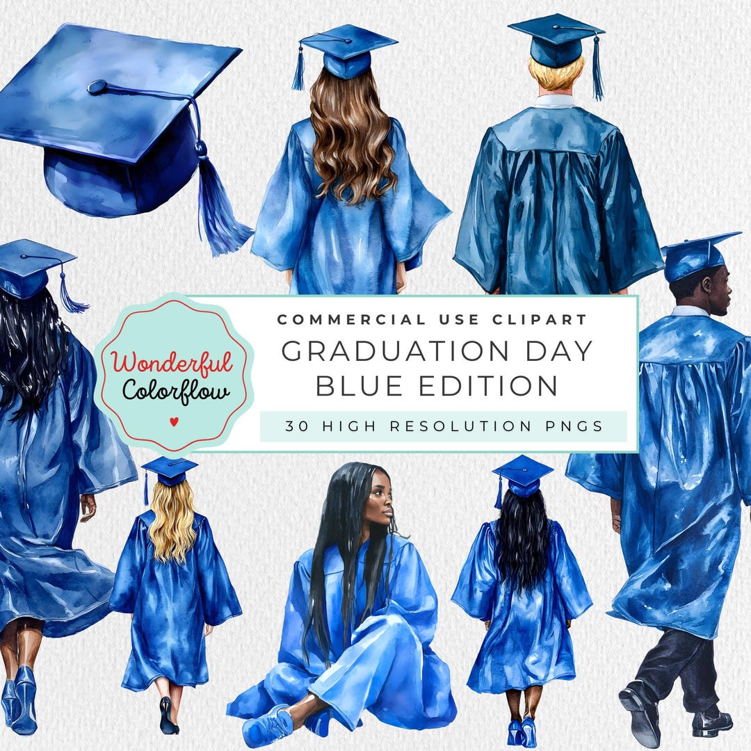 Graduation Day - Blue Edition Watercolor Clipart – Blue Gown Graduates ...