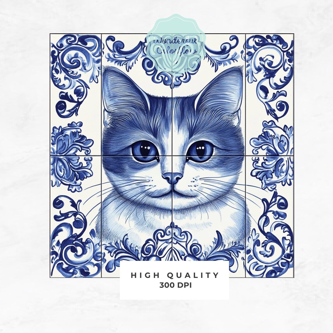 Delf Cat Tiles Clipart – Blue and White Delft Style, Traditional Dutch ...
