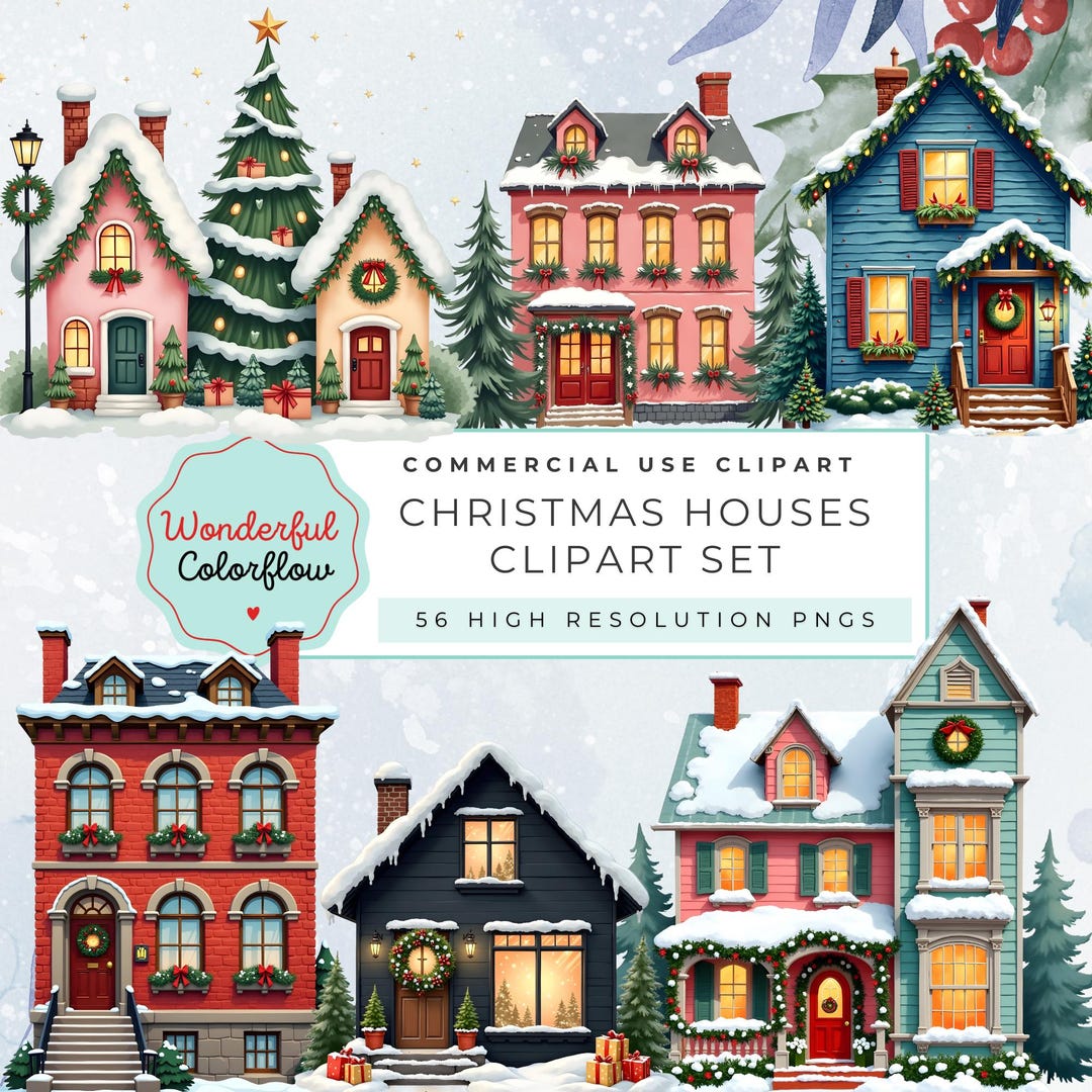 Christmas Houses Clipart Set| Colorful Holiday Village, Snowy Winter ...