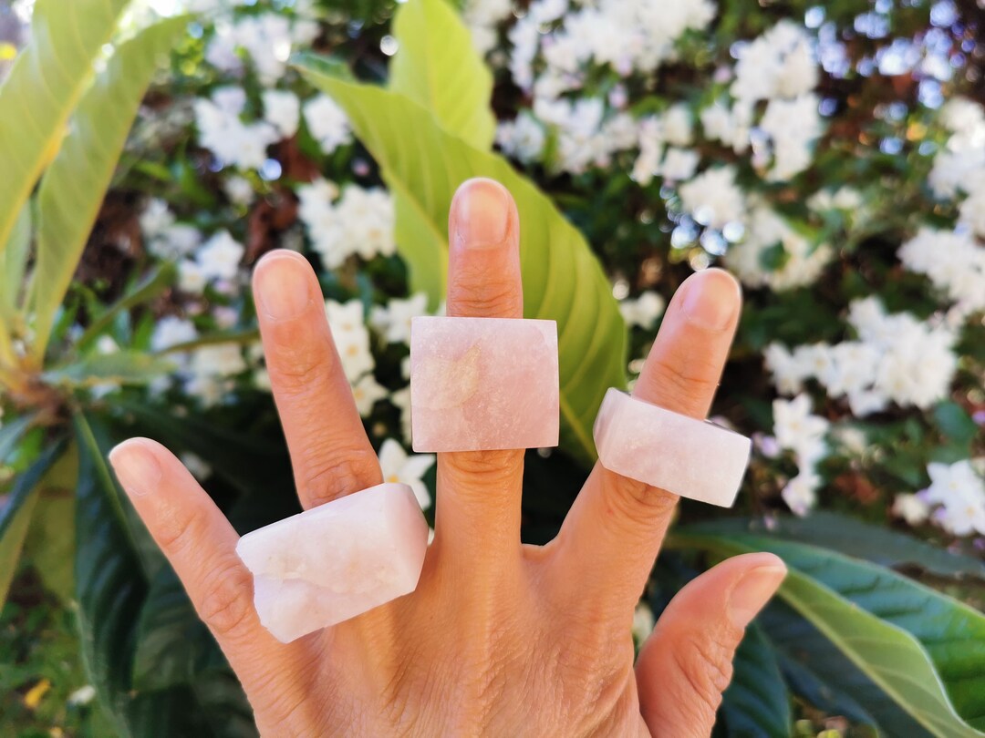 Rose Quartz Raw Carved Solid Stone Rings, Pink Gemstone Heart Chakra ...