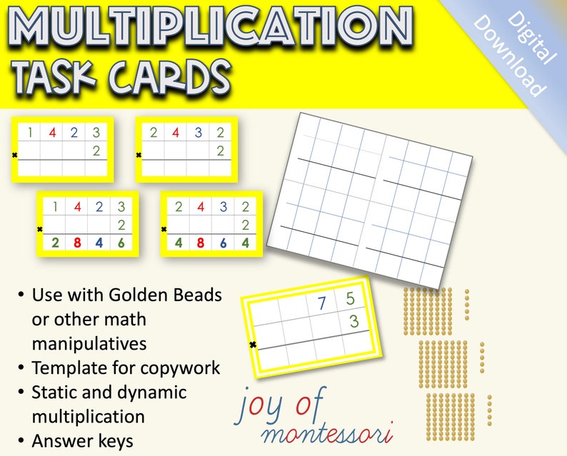 Montessori Multiplication Task Cards for Use With Golden Bead Material ...