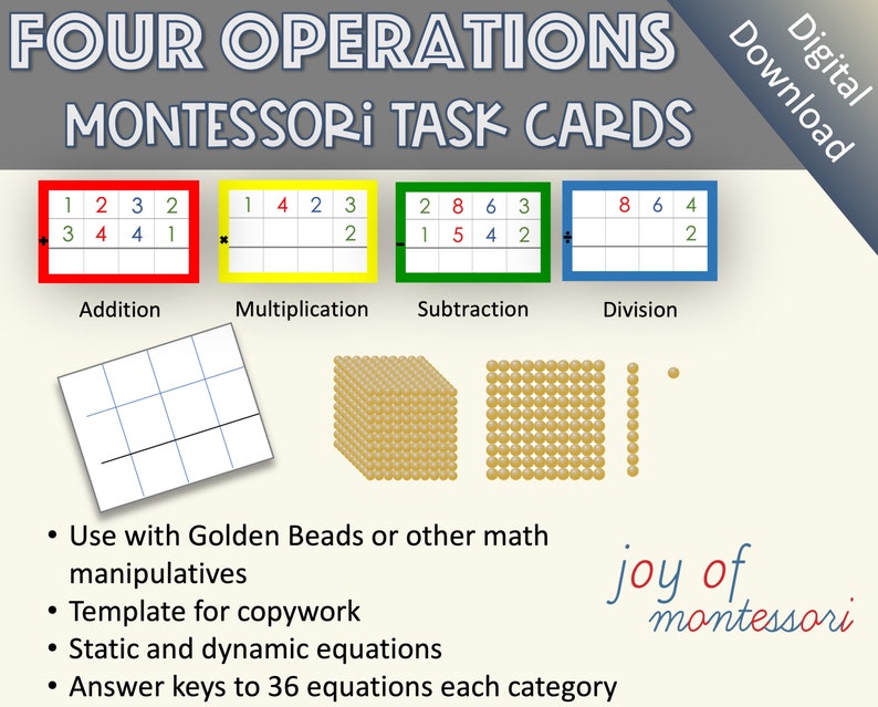 Montessori Math Four Operations Problems Task Cards - Etsy
