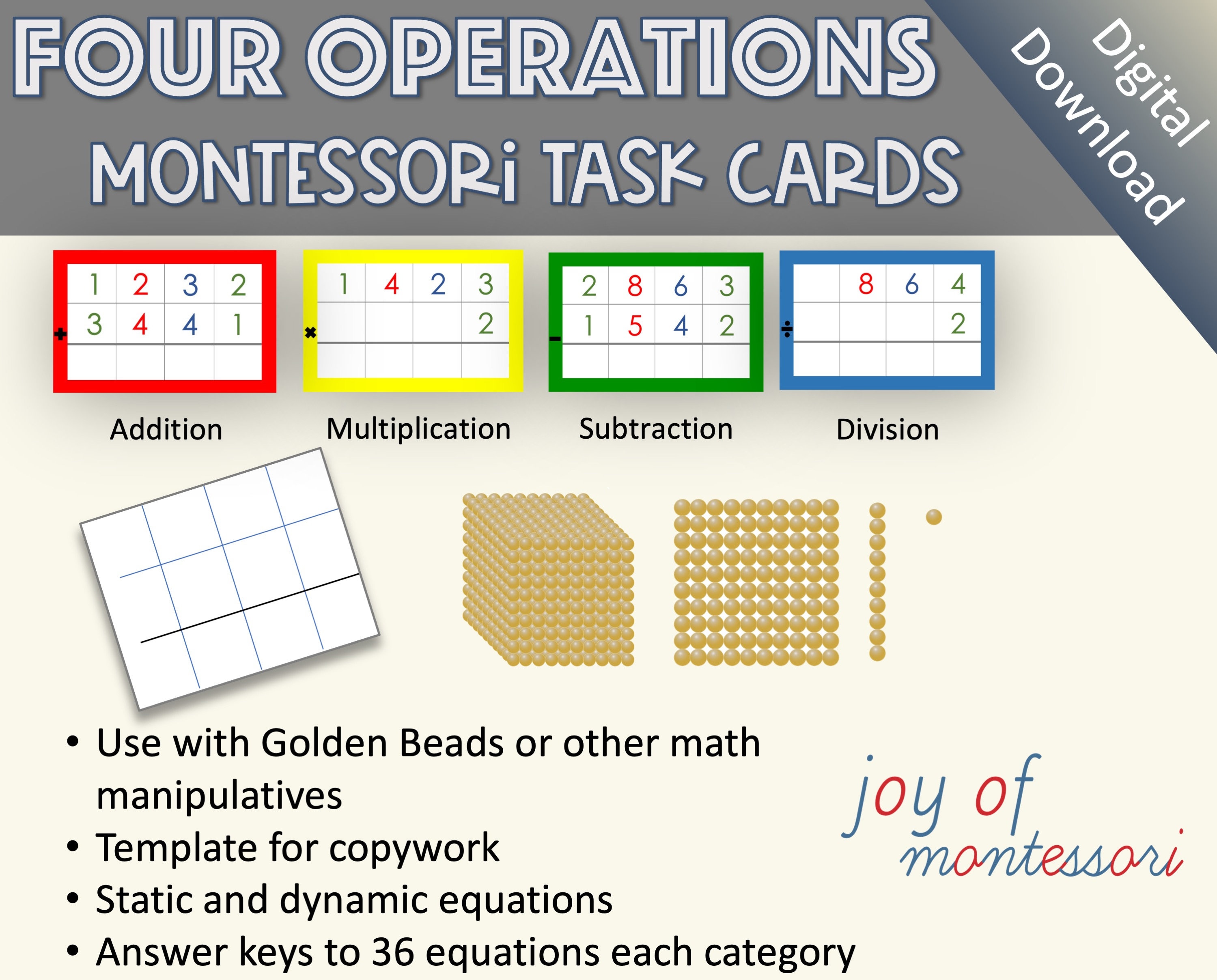 Montessori Math Four Operations Problems Task Cards - Etsy