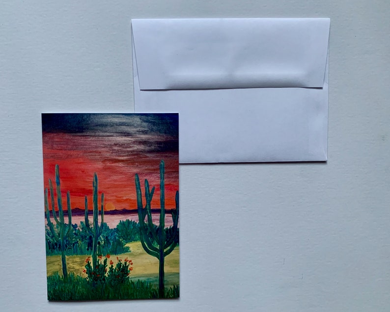 Hand Made Watercolor Desert Sunset Card Set Saguaro Greeting Card ...