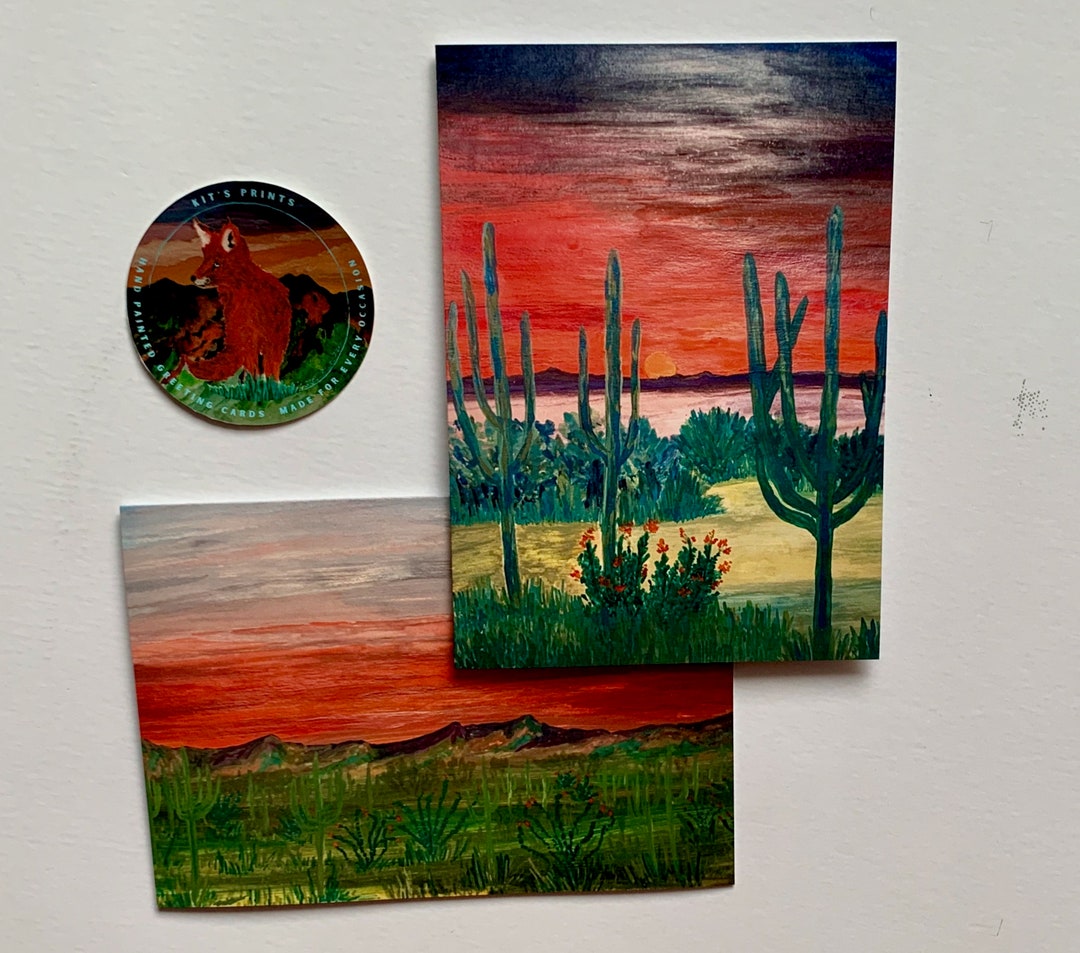 Hand Made Watercolor Desert Sunset Card Set Saguaro Greeting Card ...