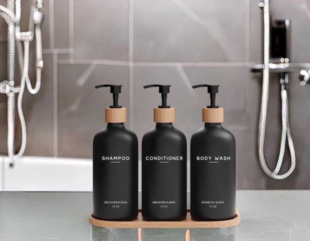 Matte Black Refillable Shampoo Dispenser Set: Bamboo Tray & Pumps - Etsy