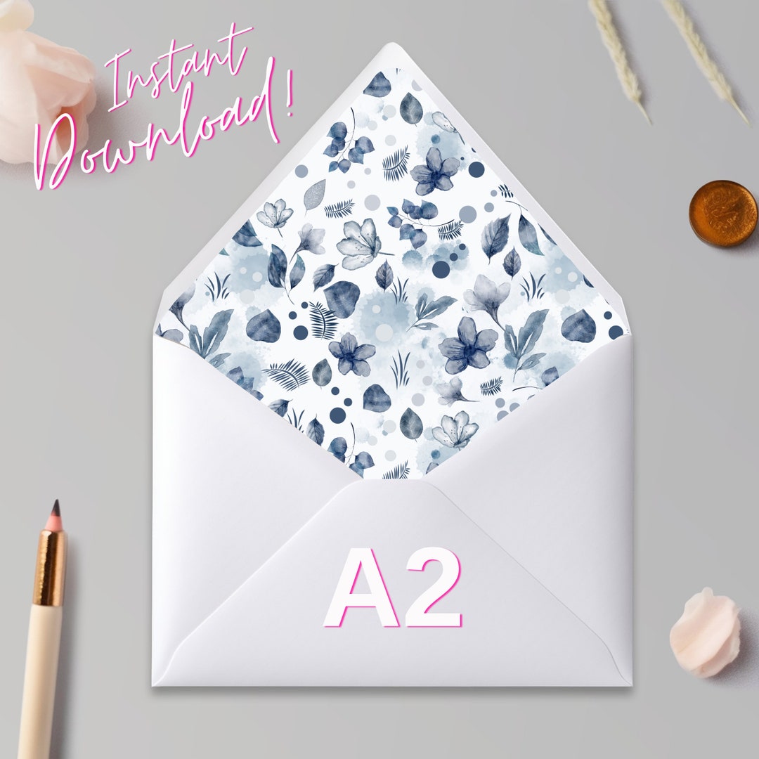Printable Navy and White Floral A2 Euro Flap and A2 Square Envelope ...