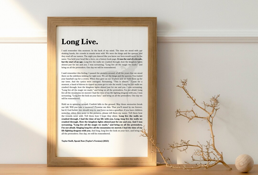 Taylor Swift Long Live Lyric Print Surprise Song Swiftie Merch Taylor's ...