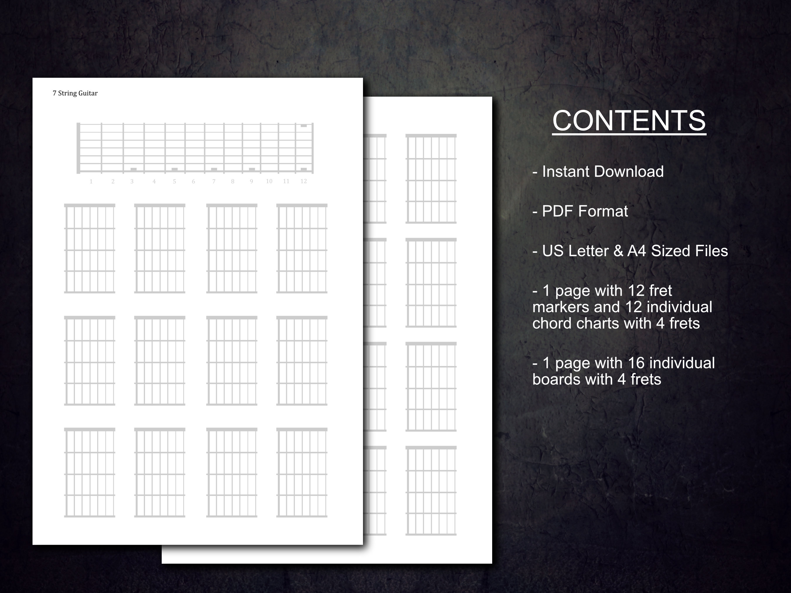7 String Printable Guitar Players Bundle, Blank Fretboards and Chord ...