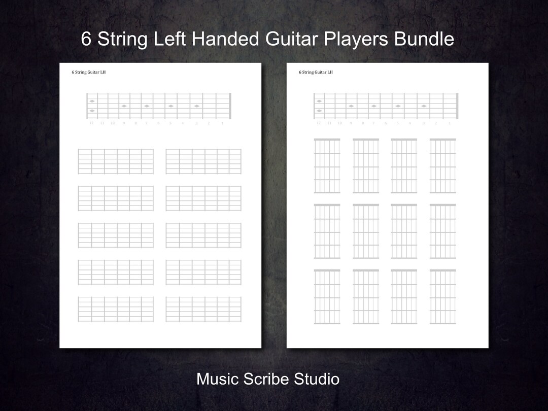 6 String Printable Left Handed Guitar Players Bundle, Blank Fretboards ...