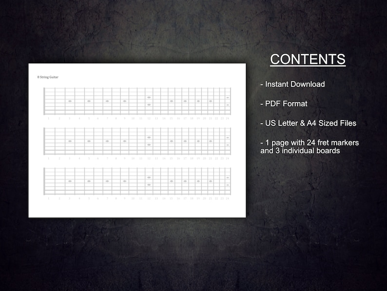 8 String Printable Guitar Blank Fretboard With 24 Frets. - Etsy