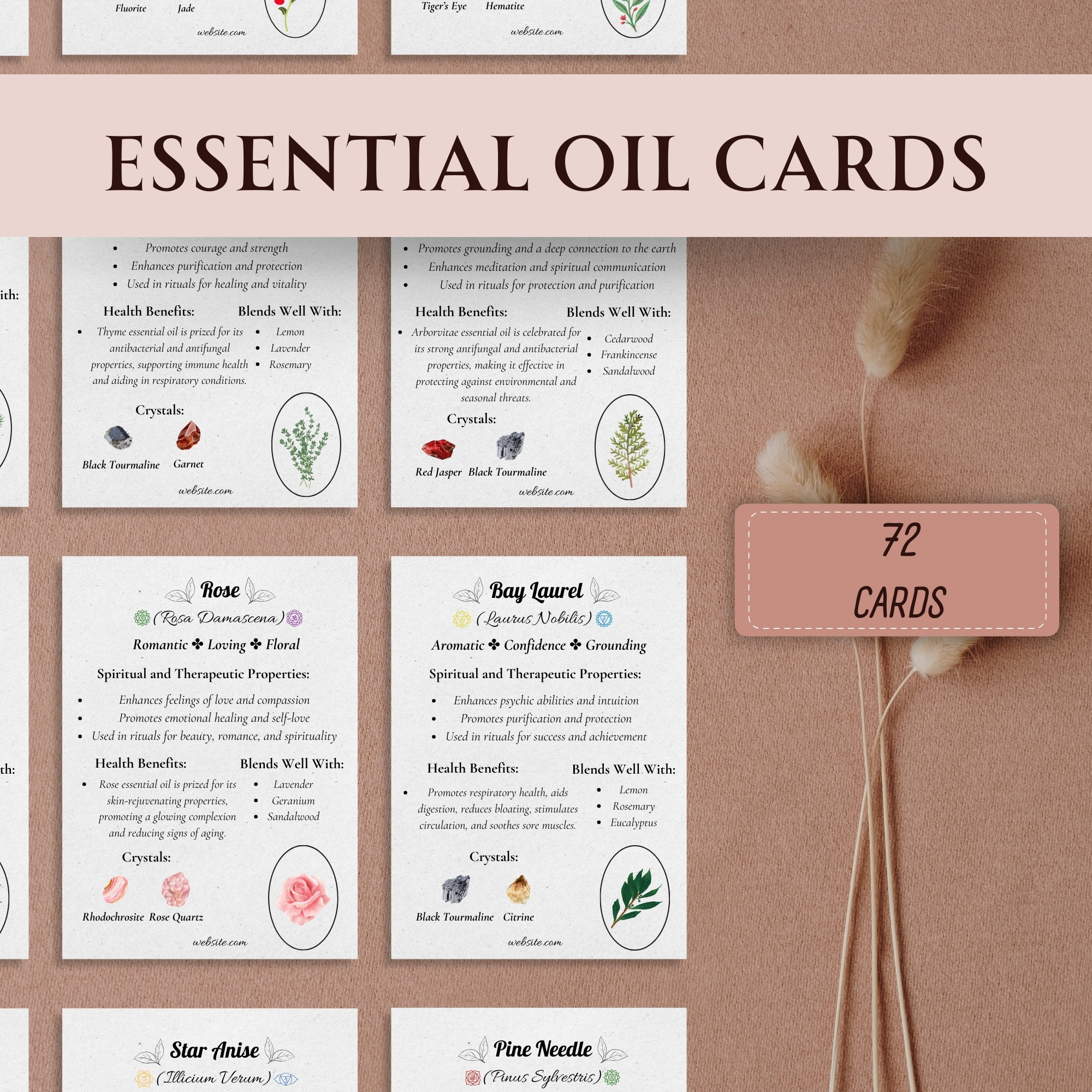 72 Essential Oil Cards: Aromatherapy Guide, Crystal Herb Blends ...