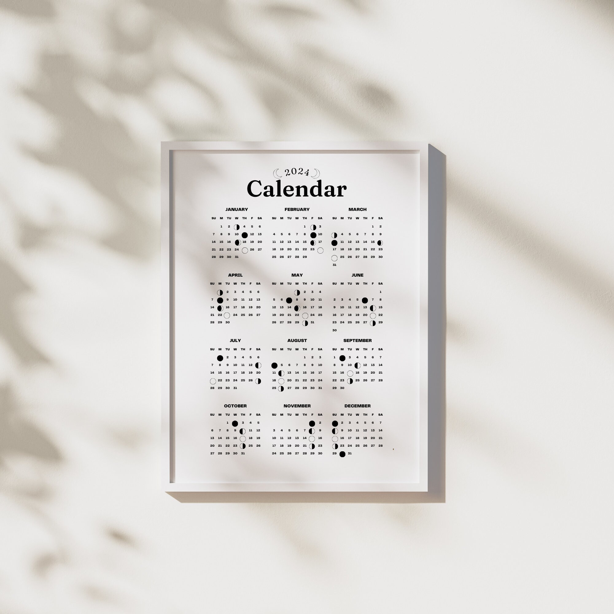 2024 Lunar Calendar, Moon Phases Calendar, Minimalistic Calendar, Moon ...