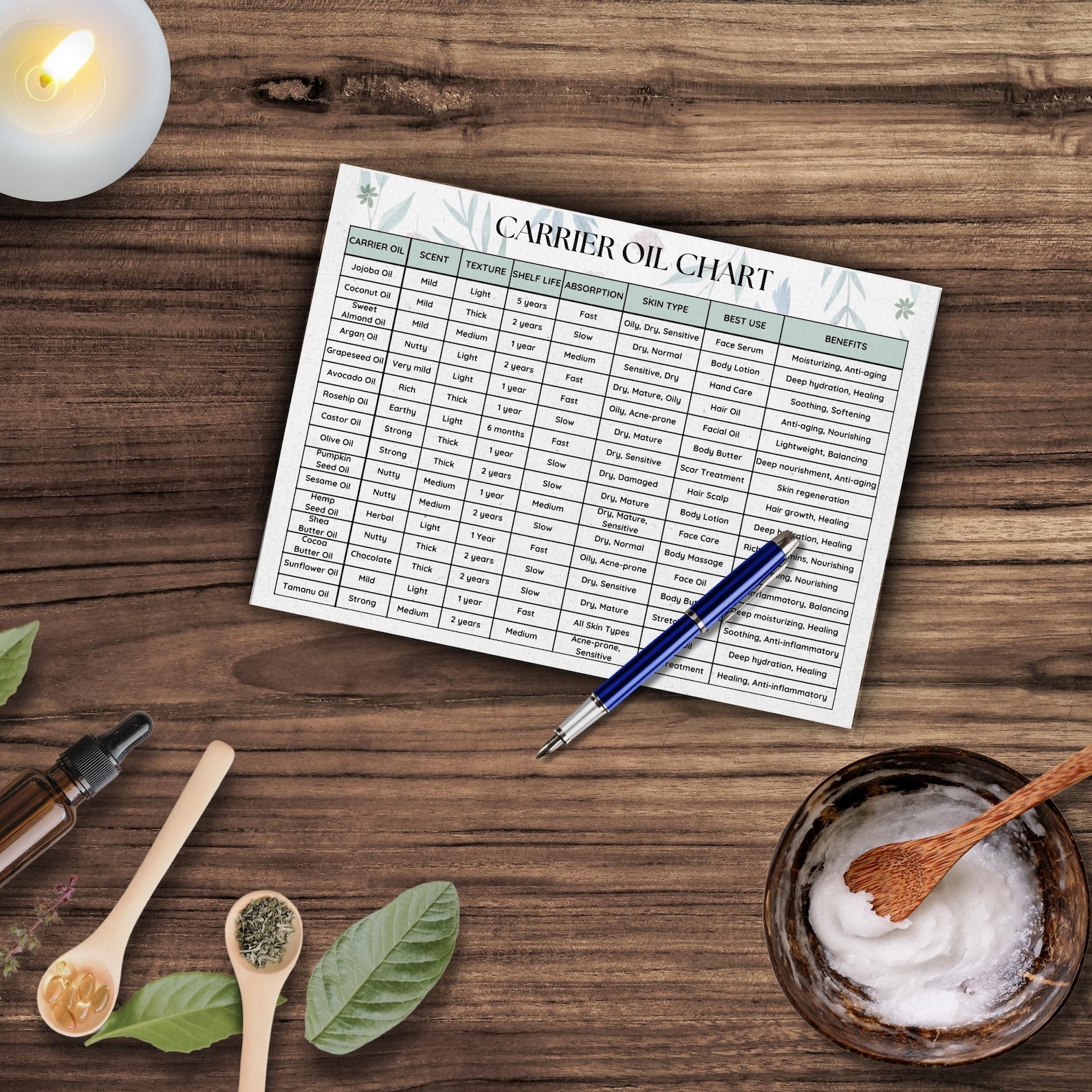 Carrier Oil Chart, Printable Carrier Oil Guide, Aromatherapy Reference ...