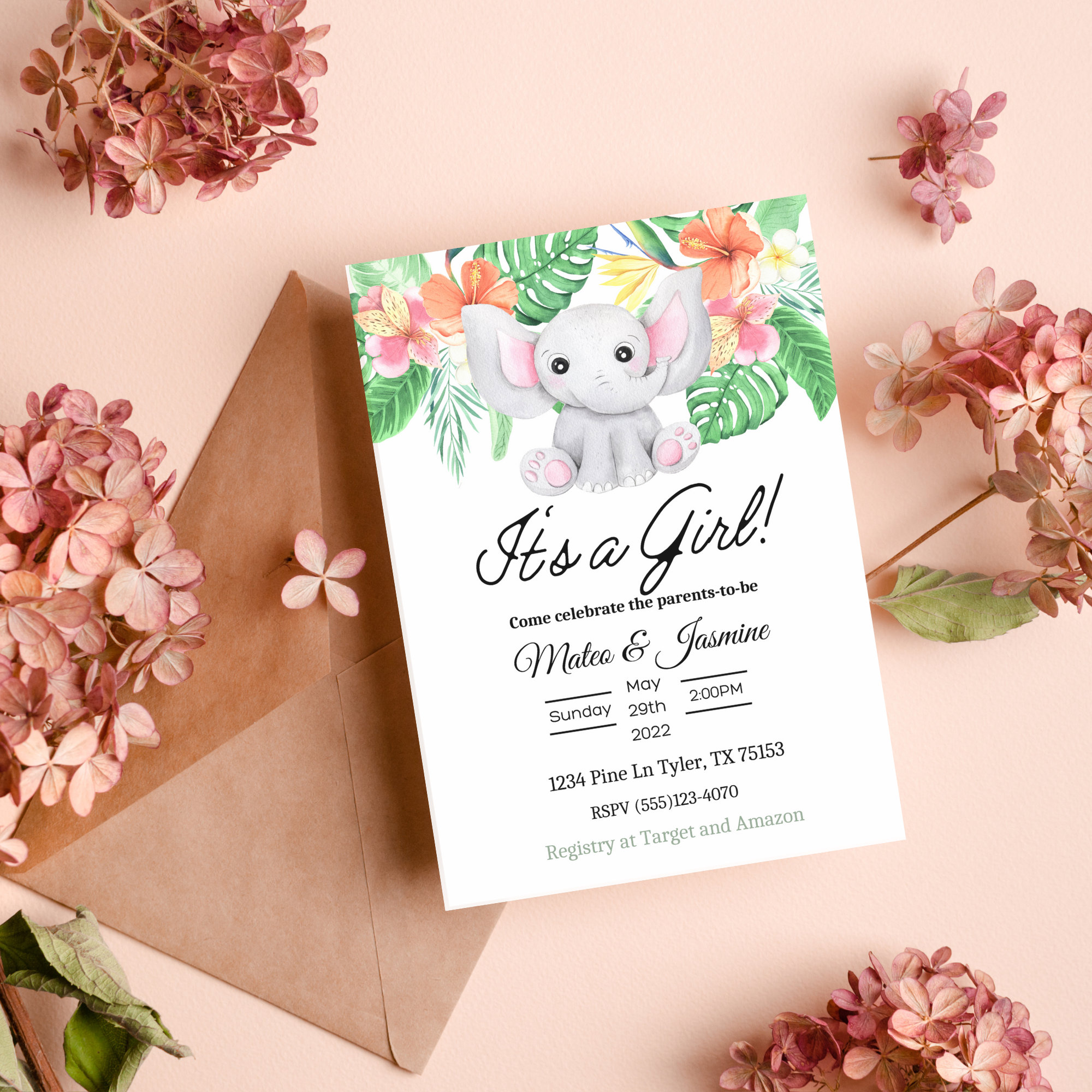 Tropical Elephant Baby Shower Template, Baby Shower Canva Template ...