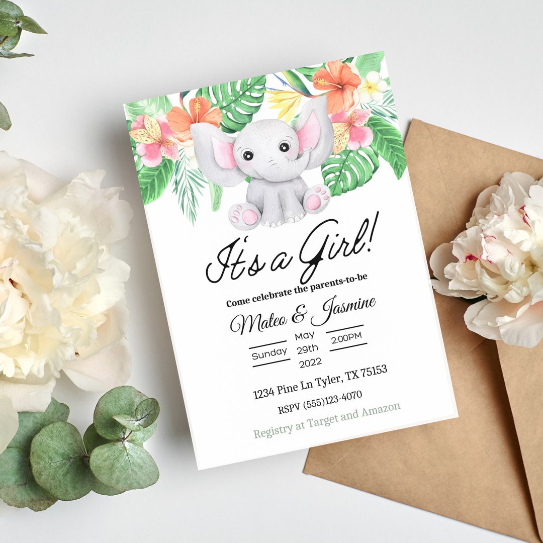 Tropical Elephant Baby Shower Template, Baby Shower Canva Template ...