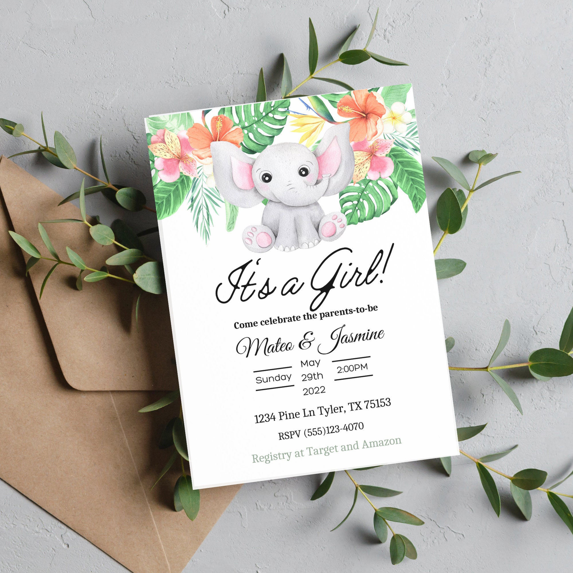 Tropical Elephant Baby Shower Template, Baby Shower Canva Template ...