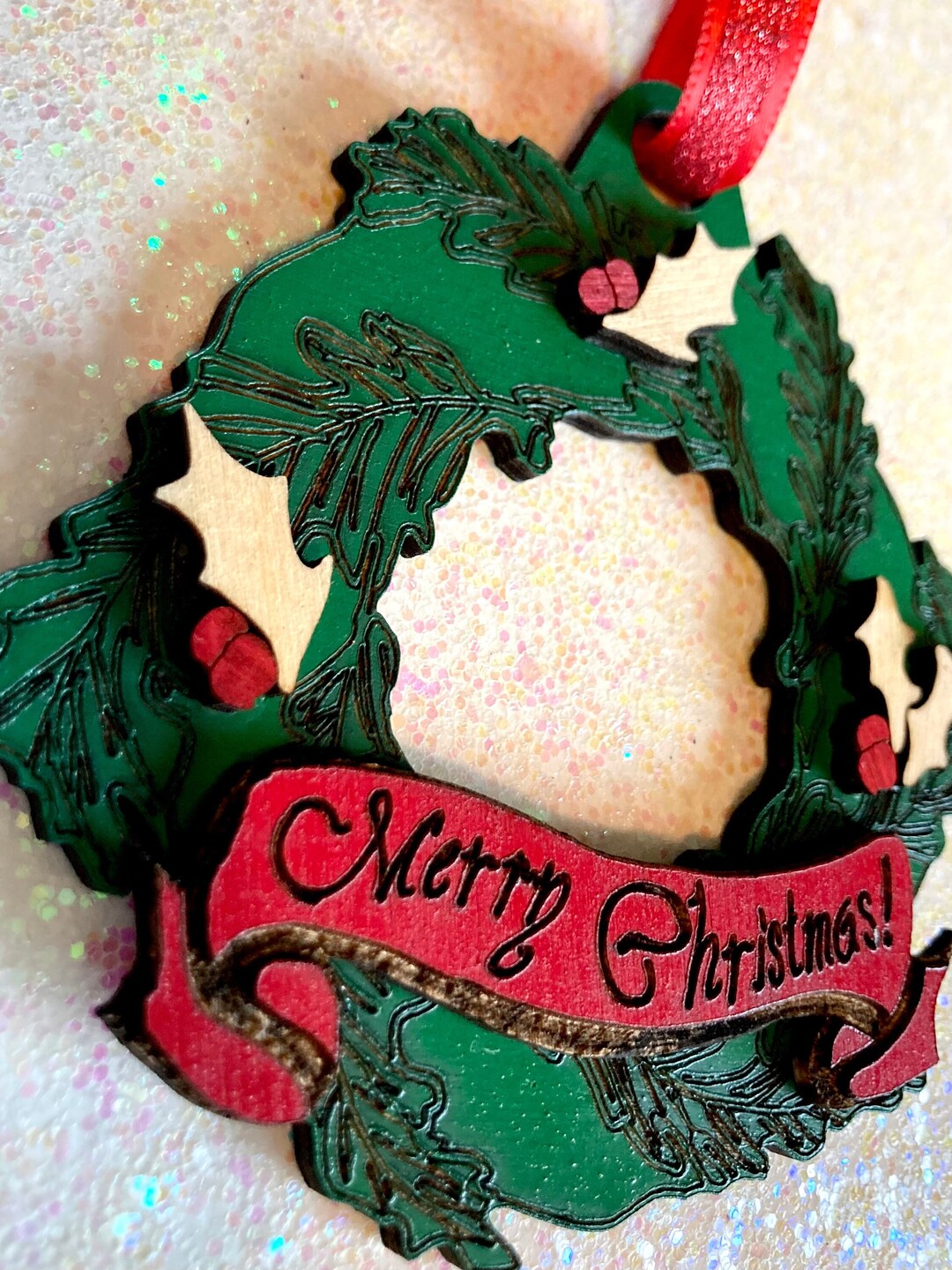 Red Ribbon Wreath, Traditional Wooden Ornament, Boho Ornament, Merry ...