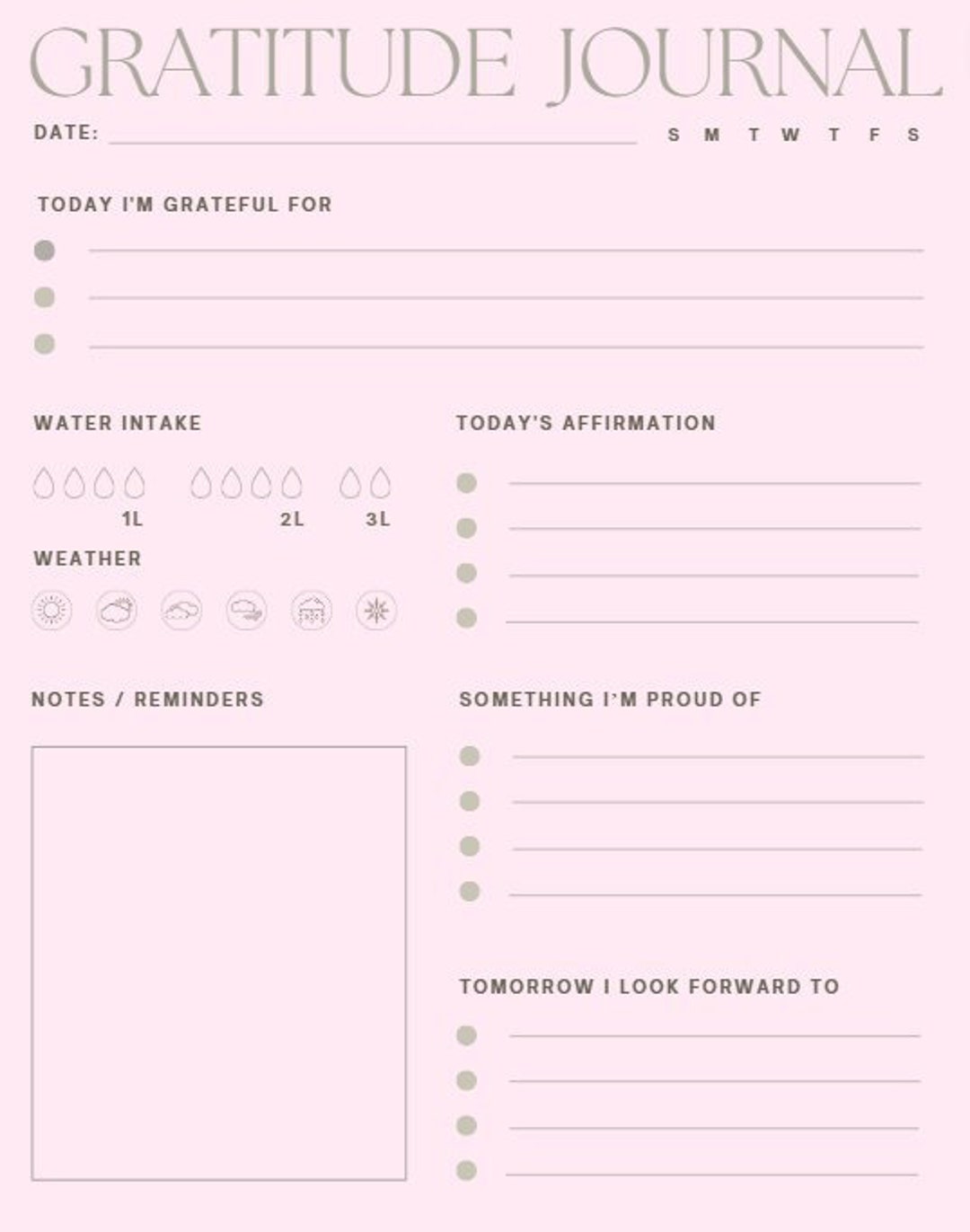 Daily Gratitude Journal, Daily Reflection Template, Self Care ...