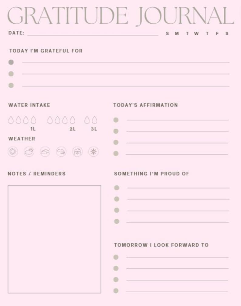 Daily Gratitude Journal, Daily Reflection Template, Self Care ...